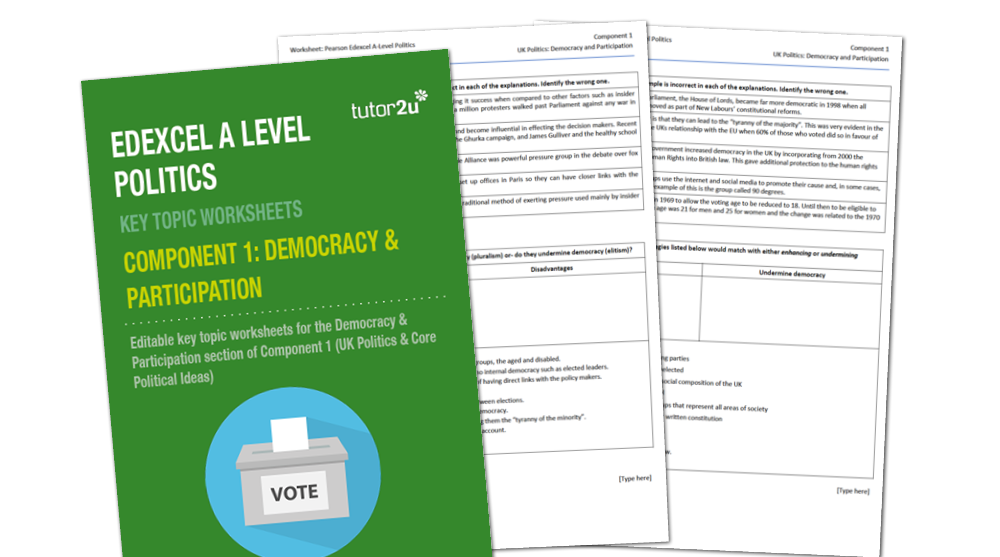 Component 1 ”Democracy and Participation“ Topic Worksheets for Edexcel ...