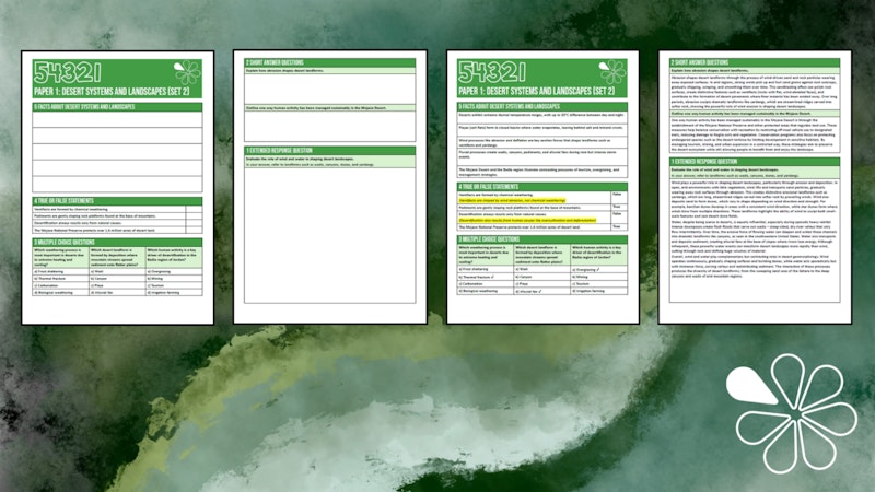 54321 Recap Worksheets for AQA A-Level Geography (Paper 1) - Desert Systems and Landscapes ...