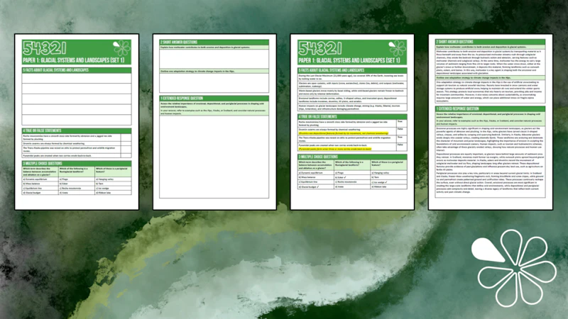 54321 Recap Worksheets for AQA A-Level Geography (Paper 1) - Glacial ...