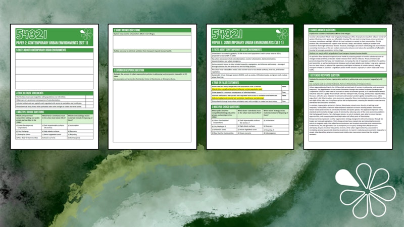 54321 Recap Worksheets for AQA A-Level Geography (Paper 2 ...