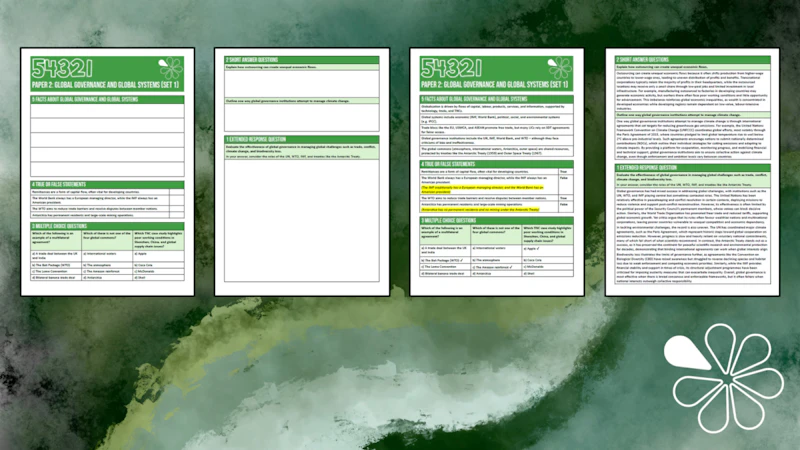 54321 Recap Worksheets for AQA A-Level Geography (Paper 2) - Global ...