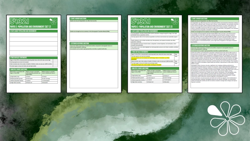 54321 Recap Worksheets for AQA A-Level Geography (Paper 2) - Population and Environment ...