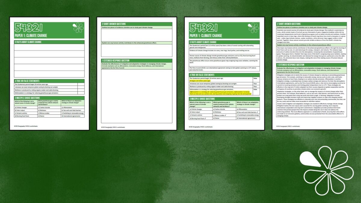 54321 Recap Worksheet for AQA GCSE Geography (Paper 1) - Climate Change ...