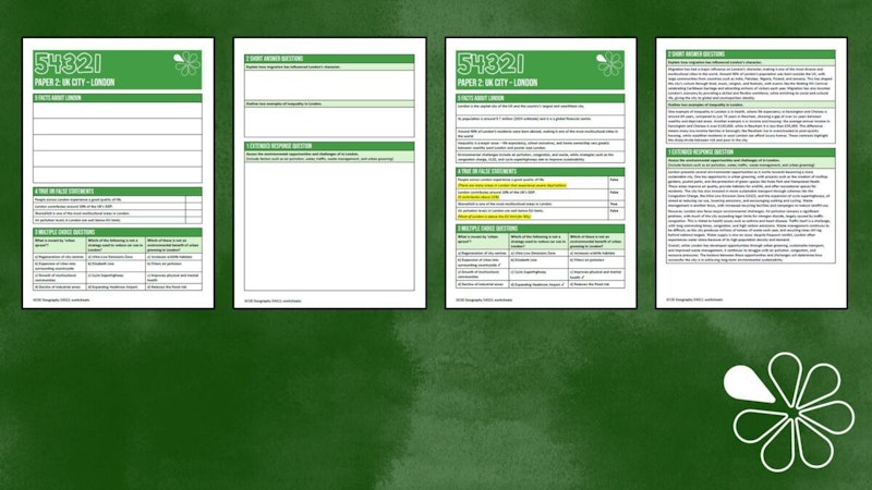 54321 Recap Worksheet for AQA GCSE Geography (Paper 2) - UK City ...