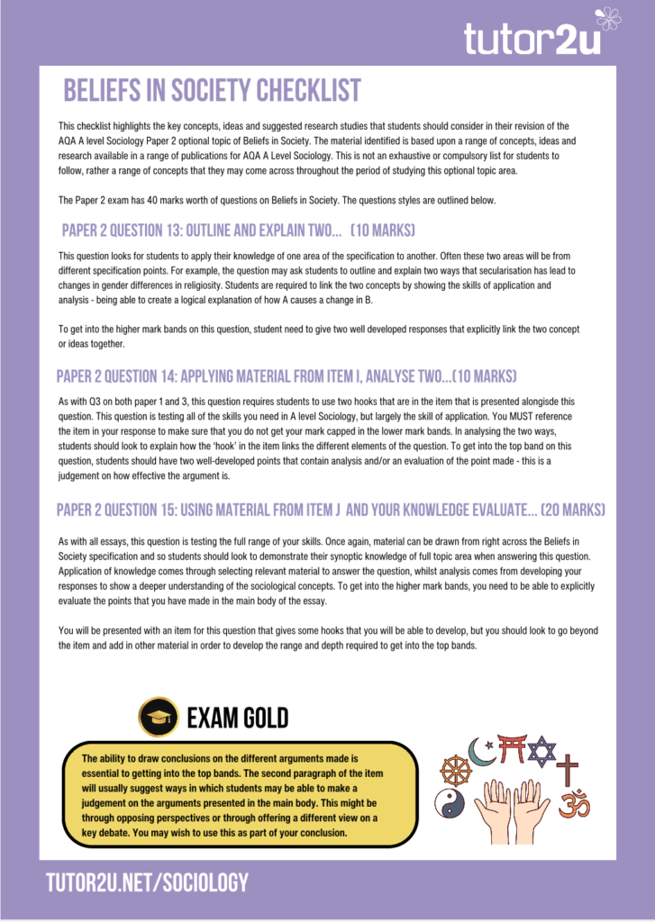 Beliefs in Society Checklist for AQA A Level Sociology | Reference ...