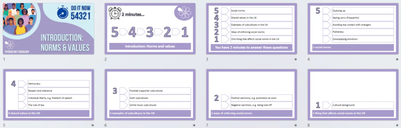 54321 'Do it now' activity for GCSE Sociology: Norms and values ...