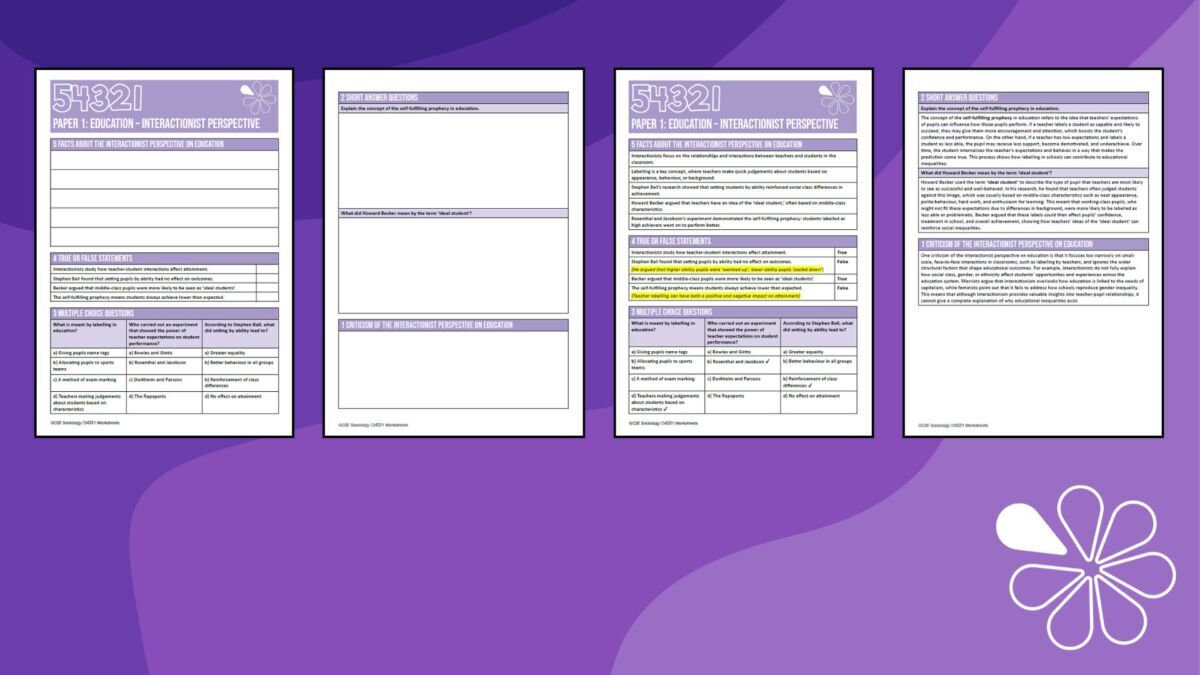 54321 Recap Worksheet for GCSE Sociology (Paper 1) - The Interactionist ...