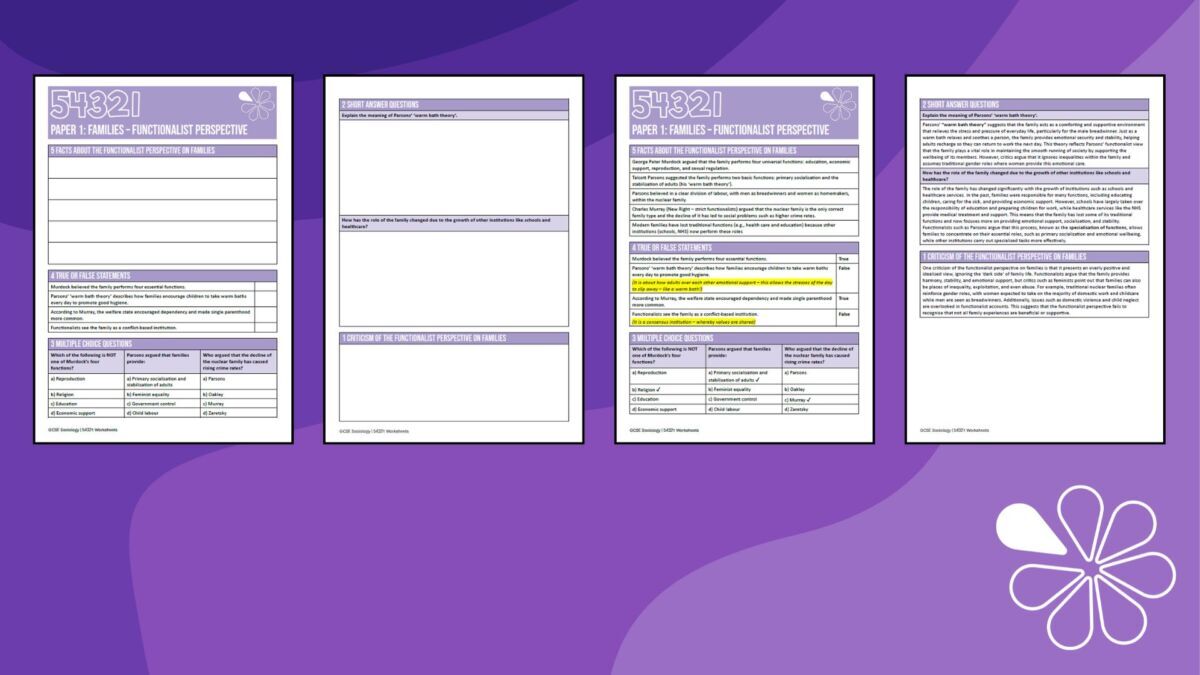 54321 Recap Worksheet for GCSE Sociology (Paper 1) - The Functionalist ...