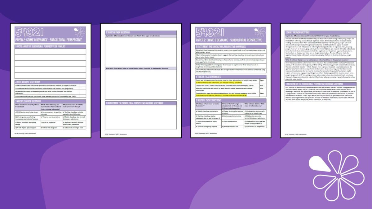 54321 Recap Worksheet for GCSE Sociology (Paper 2) - The Subcultural ...