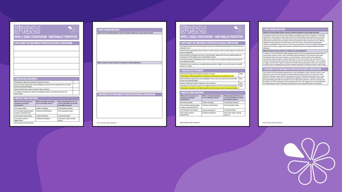 54321 Recap Worksheet for GCSE Sociology (Paper 2) - The Functionalist ...