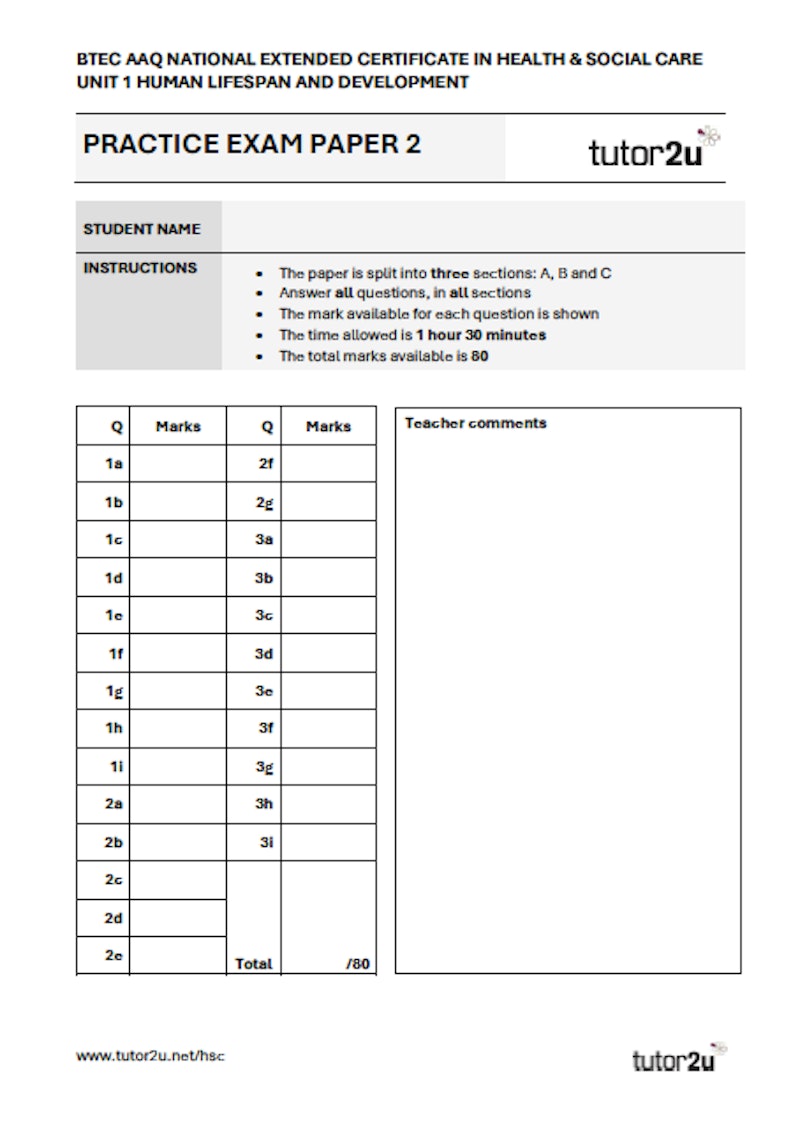 Unit 1 Human Lifespan & Development Exam Practice Papers for AAQ BTEC ...